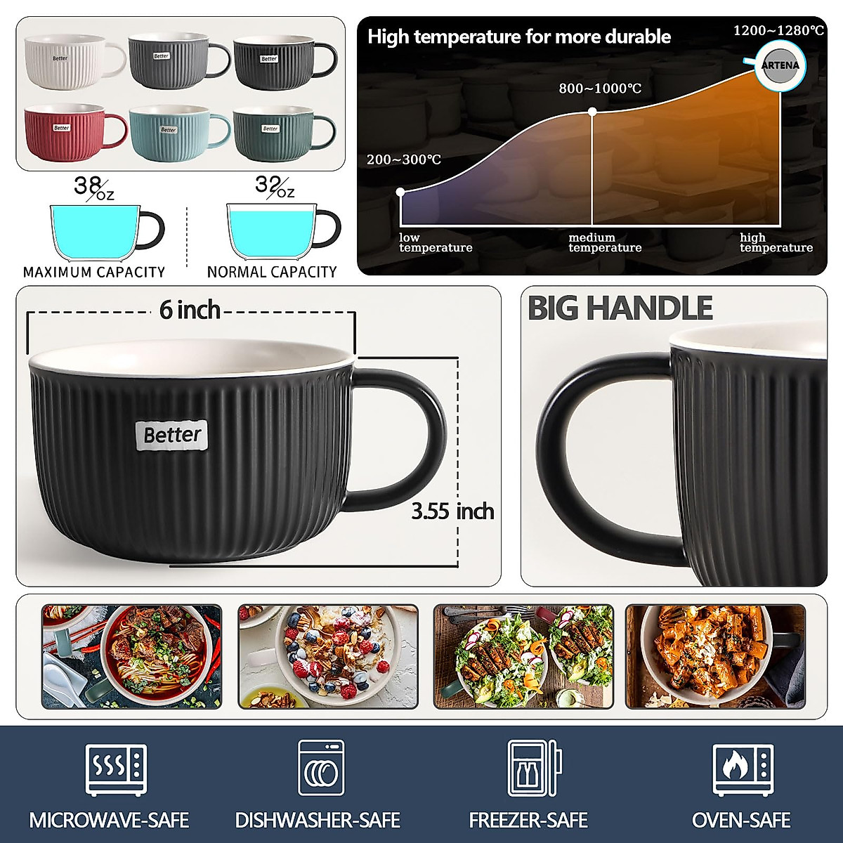 Artena 38 Ounce Soup Bowl with Handles, 6 inch Jumbo Soup Mug with Handles, Wide Large Cereal Bowl for Oatmeal, Gumbo, Salad, Oversized Black Glazed Ceramic Soup Cup, Microwave & Oven Safe