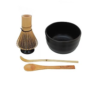 BambooMN Brand - Matcha Bowl Set (Includes Bowl, Rest, Tea Whisk, Chasaku, & Tea Spoon) 1 Set Black