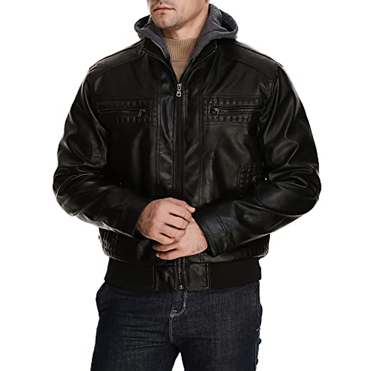 HOOD CREW Men Faux Leather Jacket with Detachable Hood Casual Motorcycle Bomber Jackets Outerwear Black XXL