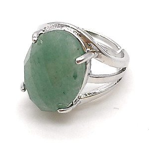 Faceted Oval Round Shape Natural Stone Adjustable Ring for Women Gemstones Healing Crystal Jewelry Wedding Engagement Anniversary Birthday Gift (Oval Shape Green Aventurine)