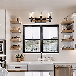 DUJAHMLAND Farmhouse Vanity Light Fixture,3-Light Bathroom Wood Wall Light Over Mirror with Clear Glass Shade, Rustic Vintage Wall Sconce Lighting.(Antique Wood, 3-Light)