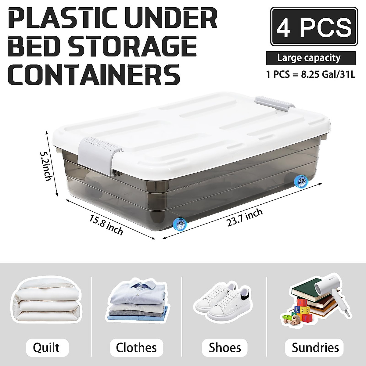 Beeveer 4 Pcs Plastic Under Bed Storage Containers with Lid Wheel Handle, Transparent Large Capacity Stackable Latching Storage Bins for Closet Bedroom Clothes Shoes (Brown,23.7 x 15.8 x 5.2)