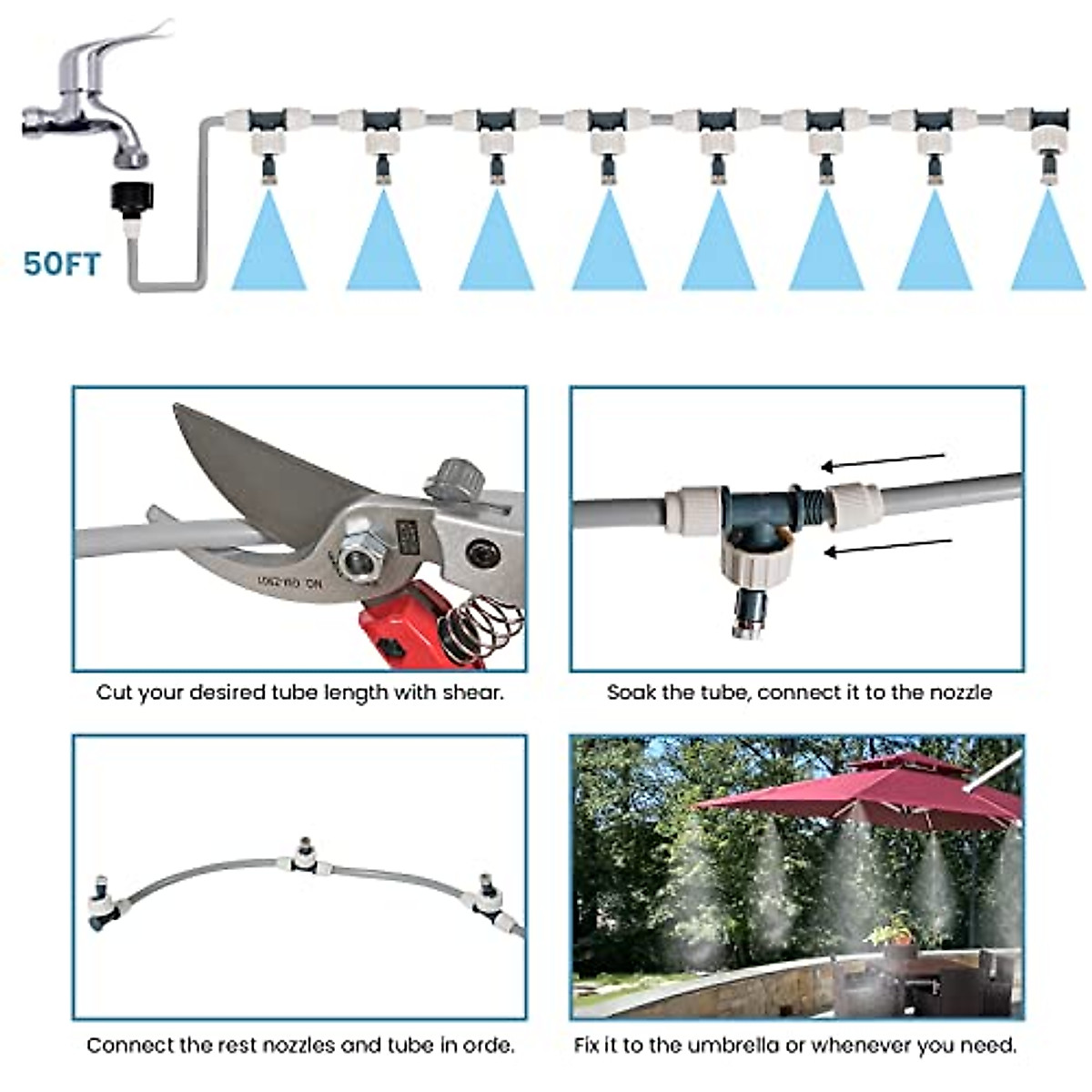 LINEX Misting Cooling System, 50FT Misting Line,8 Mist Nozzles Outdoor Misters for Outside Patio Parasol Garden Greenhouse Trampoline for Waterpark