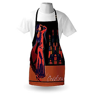 Ambesonne Spanish Apron, Traditional Dancer Woman in Barcelona City with Historical Architecture Vibrant, Unisex Kitchen Bib with Adjustable Neck for Cooking Gardening, Adult Size, Black Red