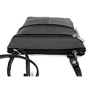 Lady's 5 Zipper Pocket 100% Leather Cross Body Slim Purse Paisley Lining- 5 Color (Black)