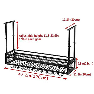 Industrial Hanging Wine Rack with Glass Holder and Shelf,Adjustable Ceiling Bar Wine Glass Rack,2-Layer Metal Wall Mounted Wine and Glass Rack,Iron Bottle Holder Wine Shelf(47.2in,Black)