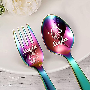 Personalized Dinosaur Unicorn Cutlery Set - Custom Name Engraved Spoon Knife Fork Set - Children's Stainless Steel Cutlery Set for Kitchen Kids