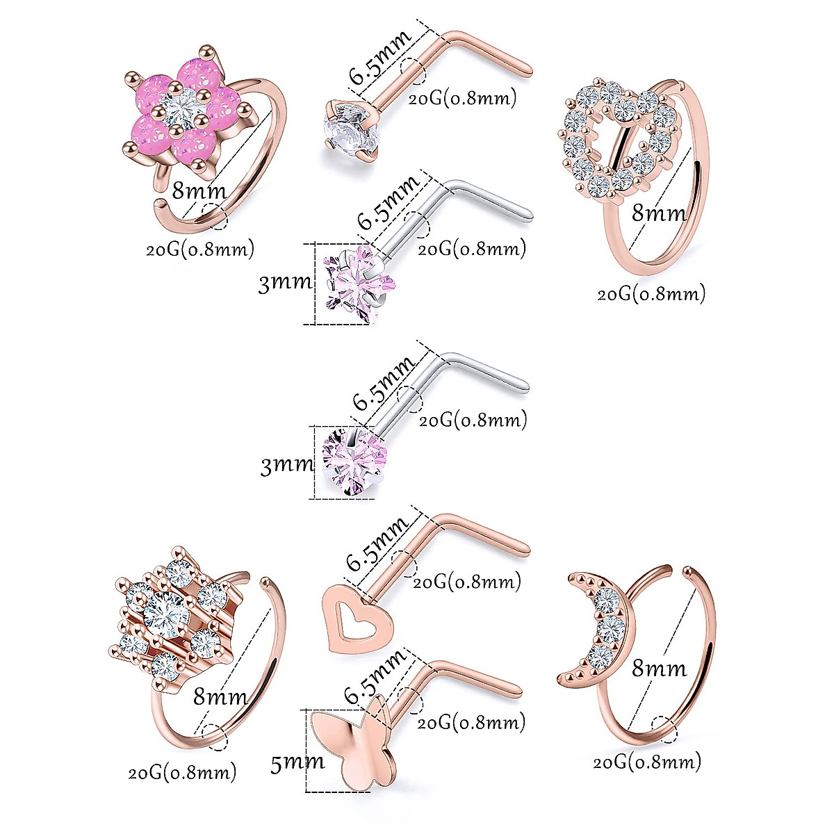 Goerhsjie 20g Nose Rings Hoops Studs Piercings Jewelry for Women Men Surgical Stainless Steel Rose Gold l Shaped Shape Bar Stuf 20 Gauge Hypoallergenic Butterfly Nostril Aretes para La Nariz