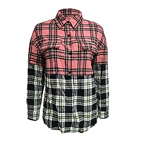 KOJOOIN Women's Oversized Flannels Plaid Color Block Oversized Button Down Shirts Patchwork Lightweight Blouses Pink&Black L
