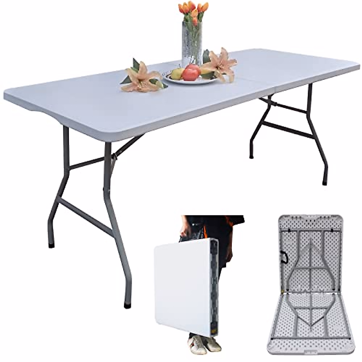deaciber 6ft Folding Table 71 inch Plastic Fold in Half w/Handle Heavy Duty Portable Indoor Outdoor for Garden Party Picnic Camping BBQ Dining Kitchen Wedding Market Events