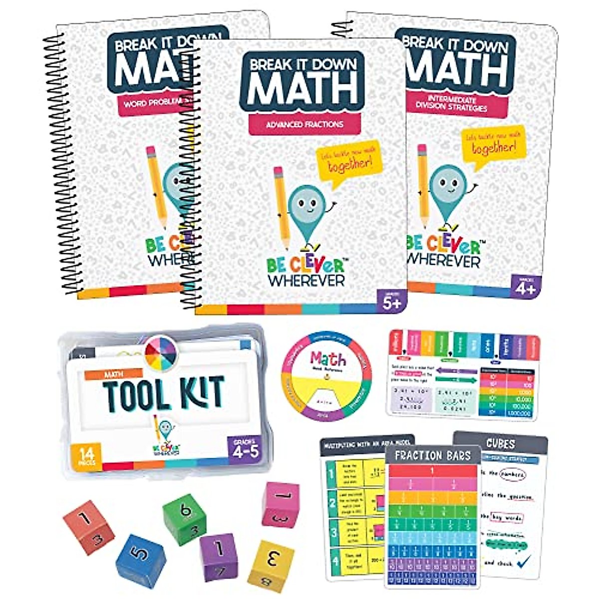 Be Clever Wherever Grade 5 Math Kit, 4th & 5th Grade Math Tool Kit, Word Problem Strategies, Intermediate Division Strategies, and Advanced Fractions Math Reference Books (17 Pc)