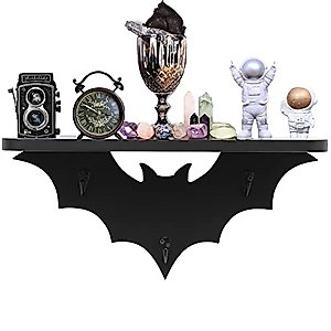 HZYSLYJ Bat Shelf Floating Shelves for Wall Decor,Black Wall Shelves for Bedroom-Halloween Wall Decor, Goth Room Decor-Black Hanging Shelves with 3 Key Hooks