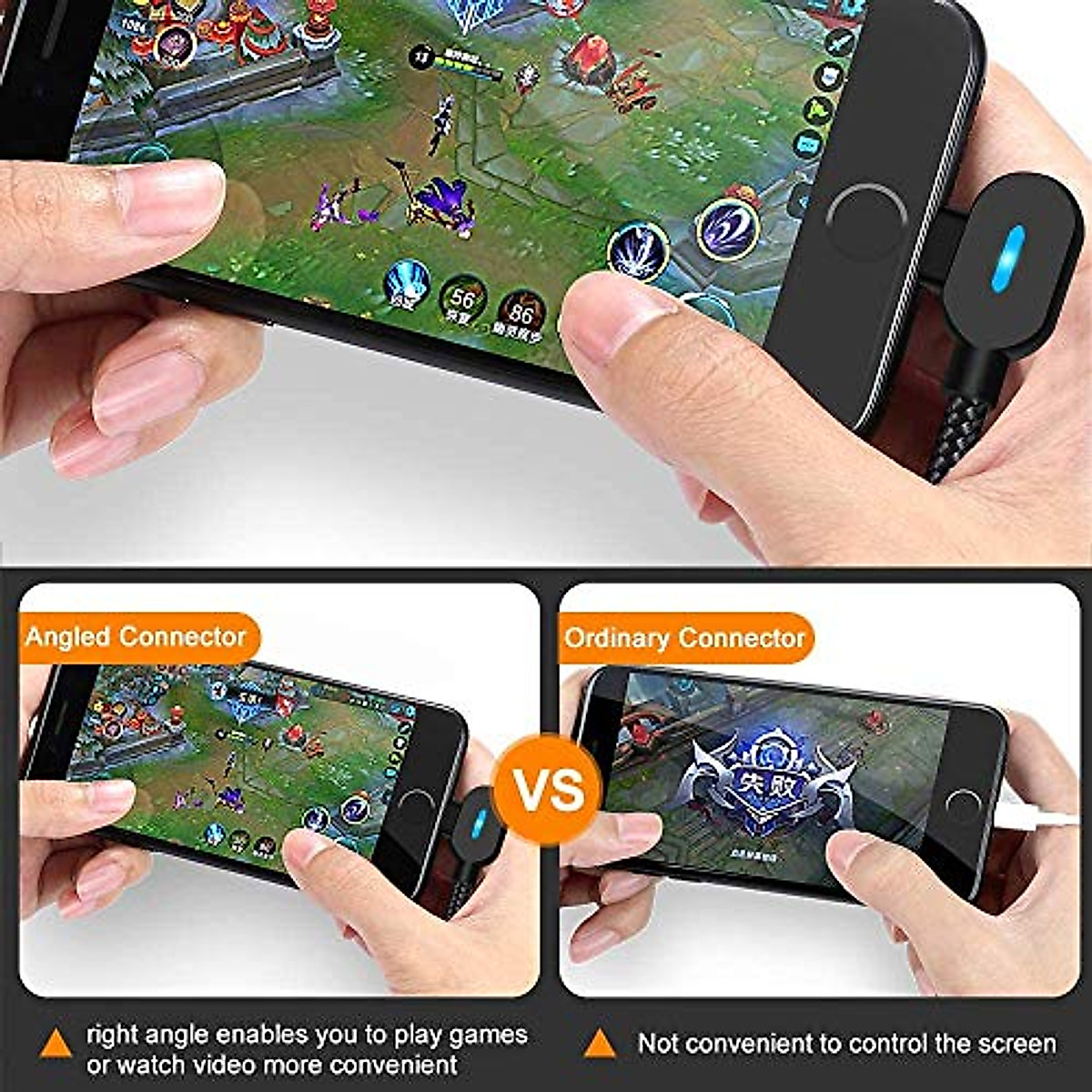 Quickeep 90 Degree iPhone Charger Cable 3 Pack 10ft Right Angle Lighning Cable with Blue LED Light Fast Charging Cable Nylon Braided Cord Compatible with iPhone 12 11 Xs MAX XR X 8 7 6s Plus (Black)