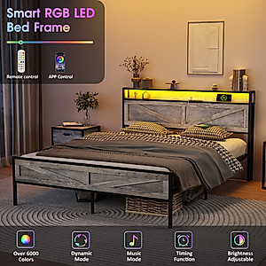 Vabches Full Size Bed Frame with Headboard and Charging Station, Wash Grey Platform Bed Frame with Led Light, No Box Spring Needed, Noise Free Farmhouse Bedroom Set