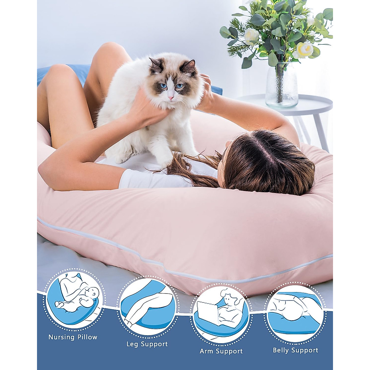 AngQi Pregnancy Pillows, U Shaped Pregnancy Body Pillow for Sleeping, 55 inch Maternity Pillow for Pregnant Women with Cooling Jersey Cover, Pink