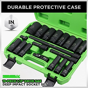 SWANLAKE 1/2" Impact Socket Set, 19-Piece 6 Point Impact Set,SAE (3/8-Inch to 1-1/14") Standard Impact Socket Set, Cr-V, Deep Socket Set 1/2 Drive