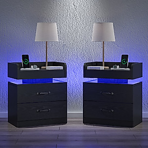 4ever2buy Black Night Stand with LED Light, Bedroom Night Stand Charging Station, LED Nightstand with 2 Drawers, Bedroom Side Table for Bedroom, Living Room