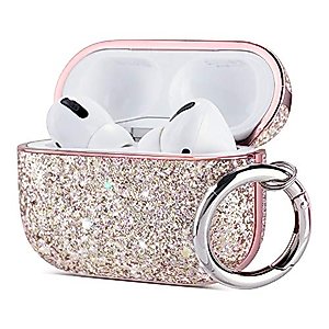 ULAK Compatible with AirPods Pro Case, Glitter AirPods Pro 1st Generation Case for Women Girls Bling Sparkle Leather Shockproof Protective iPods Pro Cover with Keychain for AirPod Pro 2019, Pink