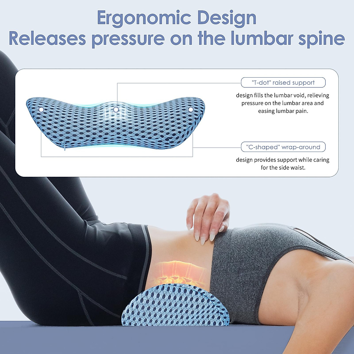 kasney Lumbar Support Pillow Ergonomic Memory Foam, Relieve Back Pain, CMFY Breathable & Detachable & Washable, Perfect for Office Chairs, Car Seats, Beds (Blue)