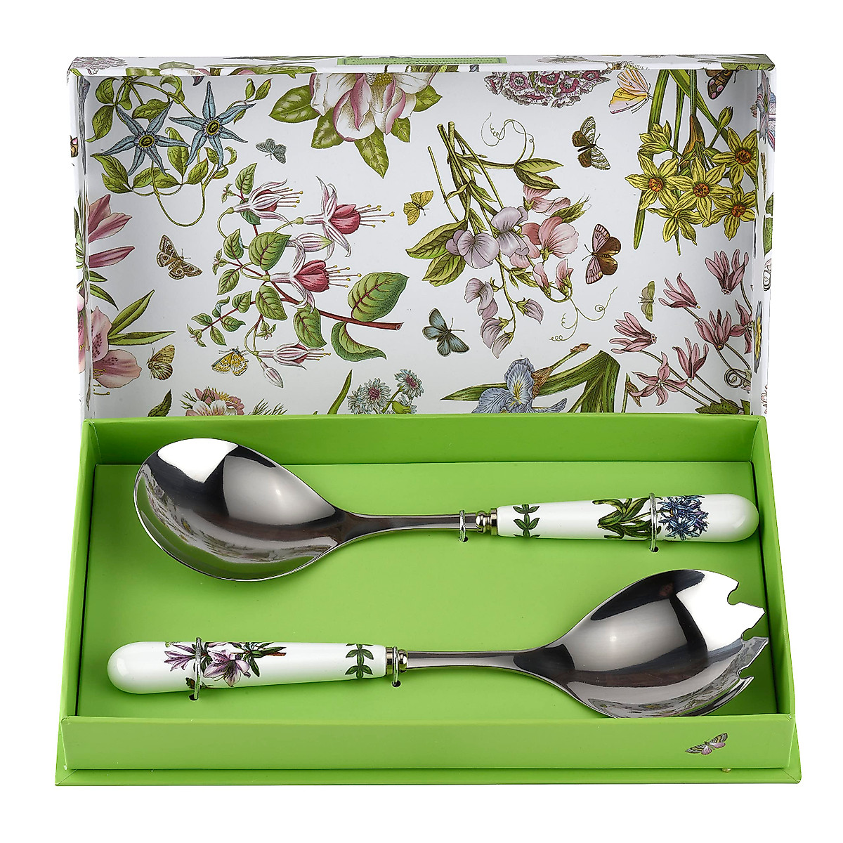 Portmeirion Botanic Garden Set of 2 Salad Servers | 10 Inch Salad Serving Set | Azalea and African Lily Motifs | Made from Stainless Steel and Porcelain