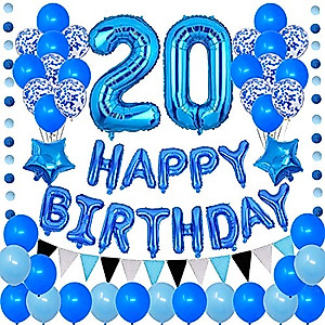 Succris 20TH Blue Theme for 20 Years Old Birthday Party Supplies Blue Happy Birthday Banner Blue Circle Dots Garland Paper Hanging Triangle Flag Banner Confetti balloons Number 20 Blue