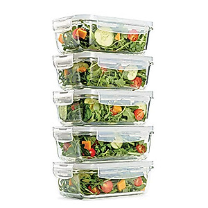 Fit & Fresh, 28 ounces, Set of 5 Locking Lids, Meal Prep, 5 Pack, Glass Storage Containers with Airtight Seal, 28 oz, 28.4 oz, Clear