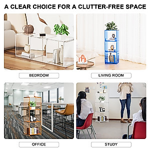 3 Tier Acrylic Bookcase, Clear Floor Standing Acrylic Bookshelf, 31.5 inch Tall Display Cube Storage Shelf Home Decor Furniture for Home, Office, Living Room, Bedroom, Blue
