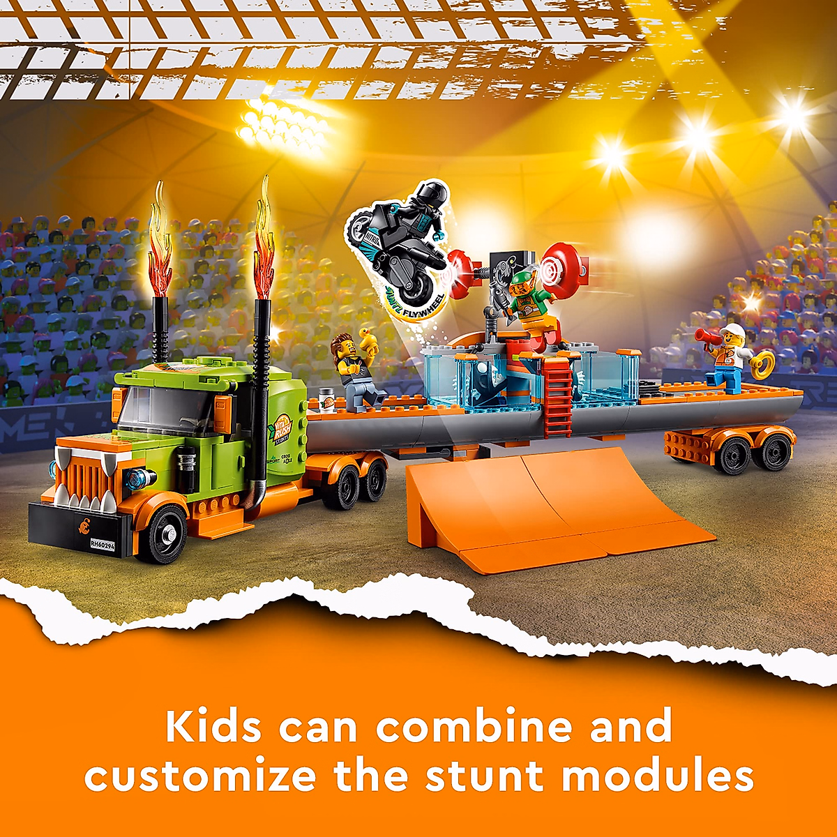LEGO City Stunt Show Truck 60294 Building Toy Set with Launch Ramps and a Dunk Tank Plus a Flywheel-Powered Stunt Bike