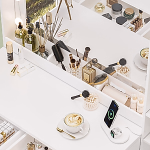 35.4" Makeup Vanity Desk with Charging Station, White Makeup Dressing Table with Mirror & Lights, 3 Lighting Modes Adjustable Brightness, Vanity Table with Power Outlet &5 Drawers Gold Handle