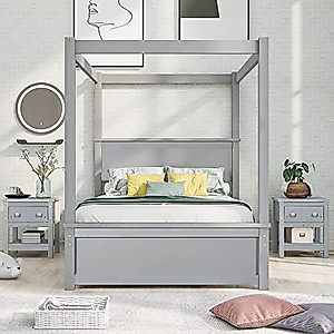 Bellemave Full Size Wood Canopy Bed with Trundle and Two Nightstands, 4-Post Platform Frame Headboard, 3 Pieces Bedroom Set (Brushed Gray) Full Canopy Bed+2 Nightstands