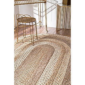 NULOOM Charlene Braided Border Jute Area Rug, 8' x 10' Oval, Natural