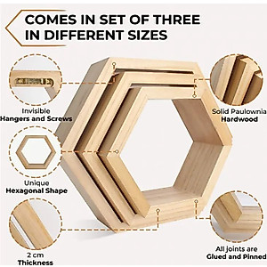 Wall Mounted Hexagon Shelves – Set of 3 Floating Wood Farmhouse Storage Racks, Wall Display Shelf Set, Rustic Home Decor, Hanging Wooden Storage for Living Room, Bedroom, Kitchen, Office, or Entryway