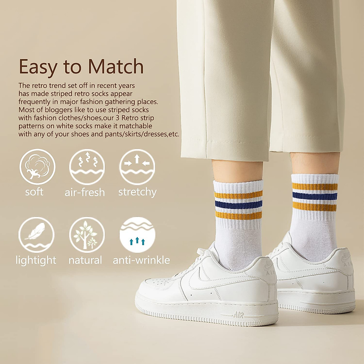 Mottee&Zconia Quarter Crew Sock for Womens/Mens Retro Vintage Old School Vibe Cotton Strips White Socks 6 pack