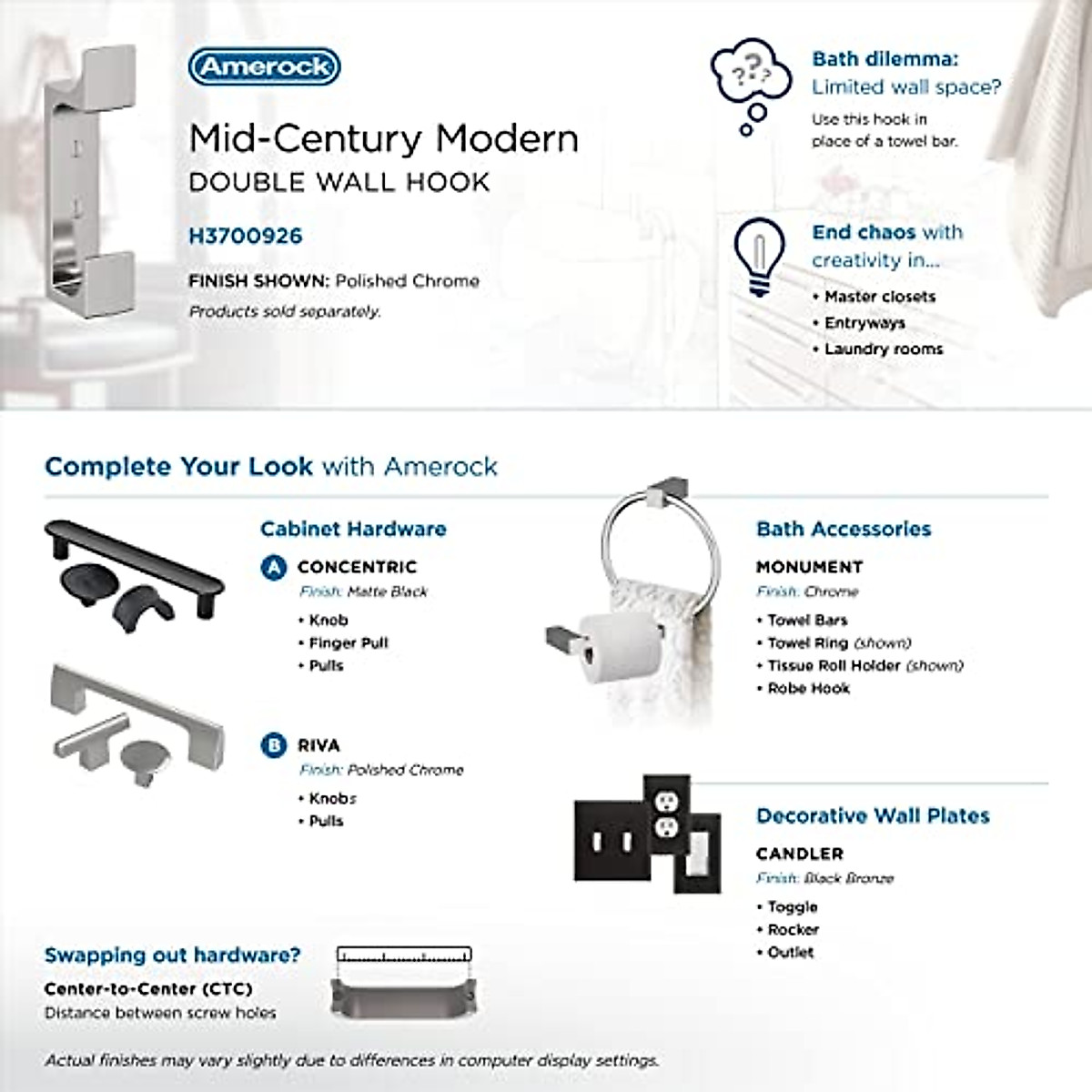 Amerock H3700926 | Bray Double Prong Decorative Wall Hook | Polished Chrome Hook for Coats, Hats, Backpacks, Bags | Hooks for Bathroom, Bedroom, Closet, Entryway, Laundry Room, Office