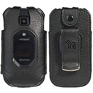 Nakedcellphone Fitted Series for Kyocera DuraXV Extreme, DuraXE Epic, DuraXA Equip Case, Black Vegan Leather Cover with [Built-in Screen Protection] and [Metal Belt Clip] for E4810/E4811/E4830/E4831