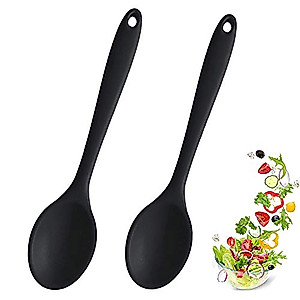 2 Pcs Silicone Spoons for Cooking Heat Resistant, Hygienic Design Cooking Utensi Mixing Spoons for Kitchen Cooking Baking Stirring Mixing Tools (Black)