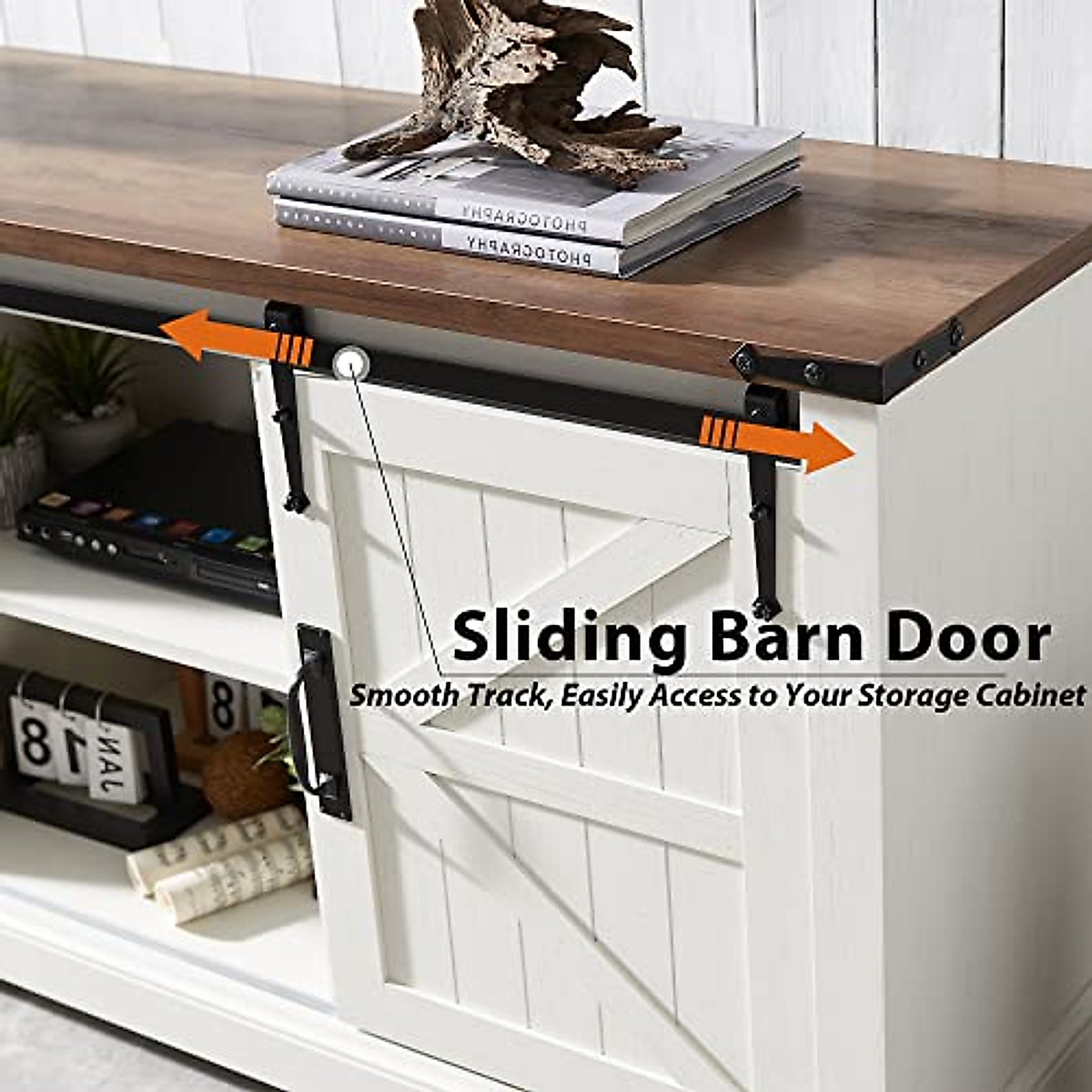 OKD TV Stand for 65+ Inch TV, Modern Farmhouse Entertainment Center with Sliding Barn Door, Wood Rustic Media Console Cabinet with Adjustable Shelf for Living Room, Antique White