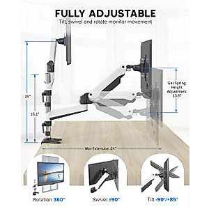 SHOPPINGALL Fully Adjustable Dual Gas Spring LCD Monitor Mount Stand with 2 Arm for 15”-32” Monitors, Clamp and Grommet Mounting Options in The Box, 6 ft HDMI Cable included - SA-GA24-White