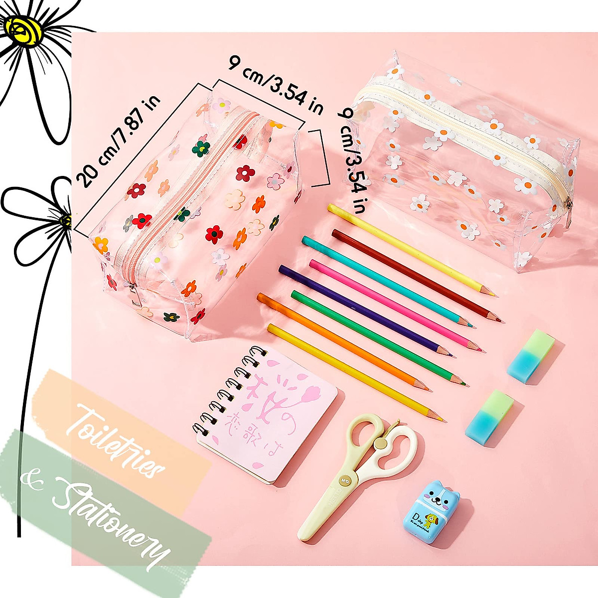 Amylove 2 Pack Cute Flower Makeup Bags Floral Cosmetic Bag Daisy Zippered Pouches Portable Toiletry Bags for Women Travel Vacation Bathroom Organizing (Daisy)