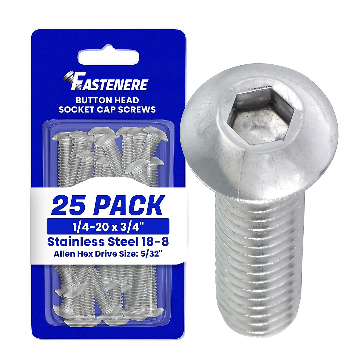 Fastenere Button Head Socket Cap Screws - 1/4-20 x 3/4", 18-8 (25-Pcs) Stainless Steel, Fully Threaded,Fine Black Oxide Finish, Corrosion-Resistant, Machine Thread, Easy to Install w/Allen Hex Drive