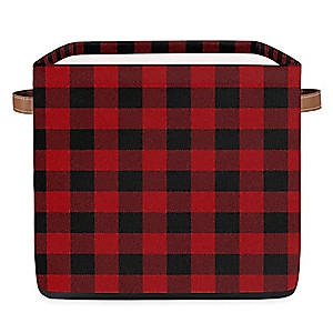 Storage Cube Bins Buffalo Red Plaid Grid Large Collapsible Storage Basket with Handle Decorative Storage Boxes for Toys Organizer Closet Shelf Nursery Kid Bedroom,13x13x13