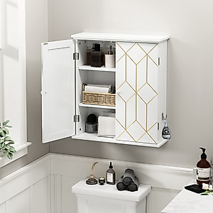 AZODY Bathroom Cabinet with Gold Trim, Wall-Mounted Bathroom Storage Cabinet with Adjustable Shelves and Side Hooks, Space Saver Medicine Cabinet for Livingroom, Laundry, Classical White