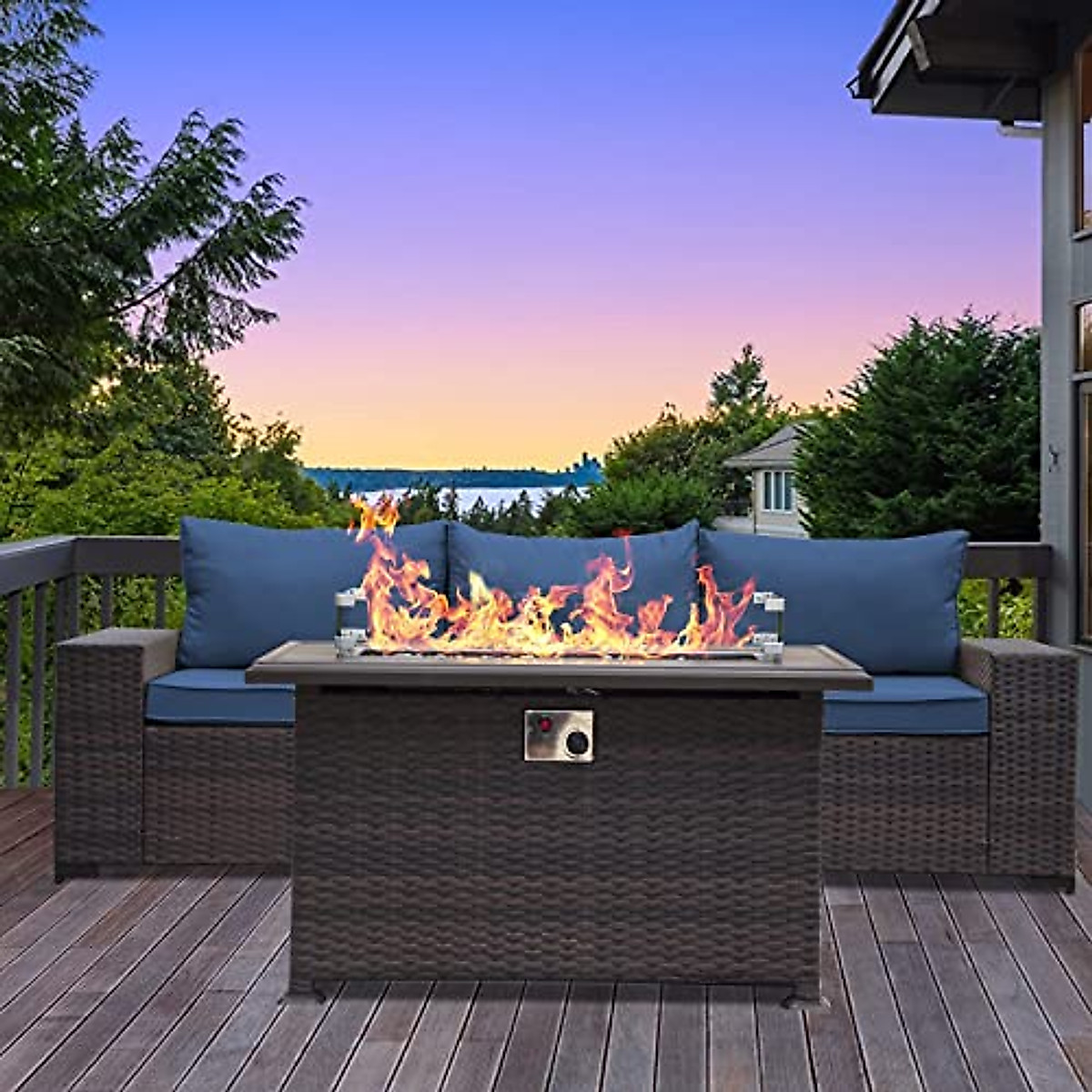 ASJMR Outdoor Patio Furniture Set with Gas Fire Pit Table, 7 Pieces Patio Furniture Set Outdoor Sectional Sofa w/43in Propane Fire Pit, PE Wicker Rattan Patio Conversation Set - Dark Blue
