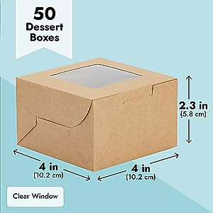 50 Pack 4x4x2 Dessert Boxes with Window, Bulk Bakery Containers for Cookies, Mini Pies, Cupcakes (Kraft Paper)