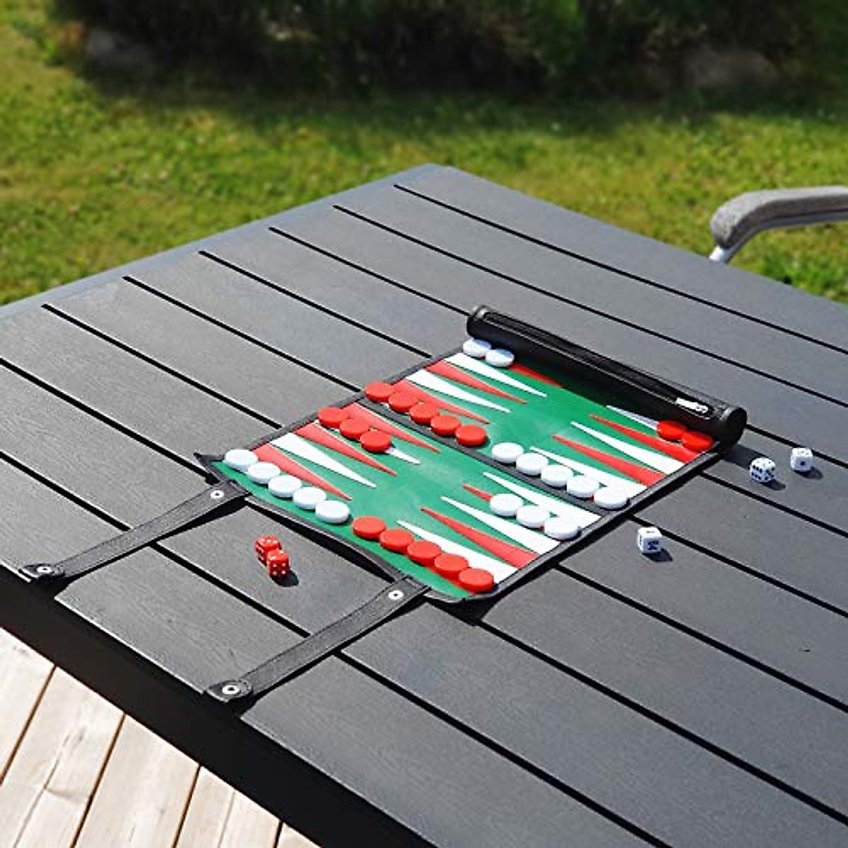 Backgammon Travel Set in Sturdy Leatherette Design - The Classic Board Game in Roll Up Style