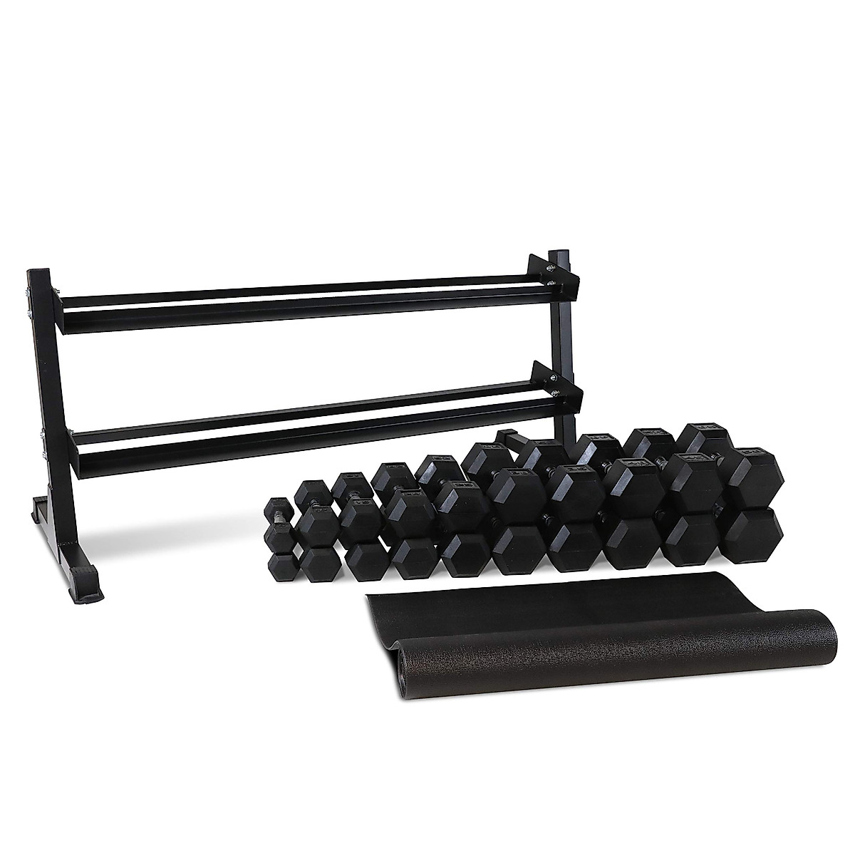 WF Athletic Supply Rubber Coated Hex Dumbbell Set, Multiple Choices Available - Dumbbells with Rack Stand and Mat, or Dumbbells Only (200/550/1200/2100/3000 LB) (d. 5-50LB w/ 2-tier Rack and Mat)