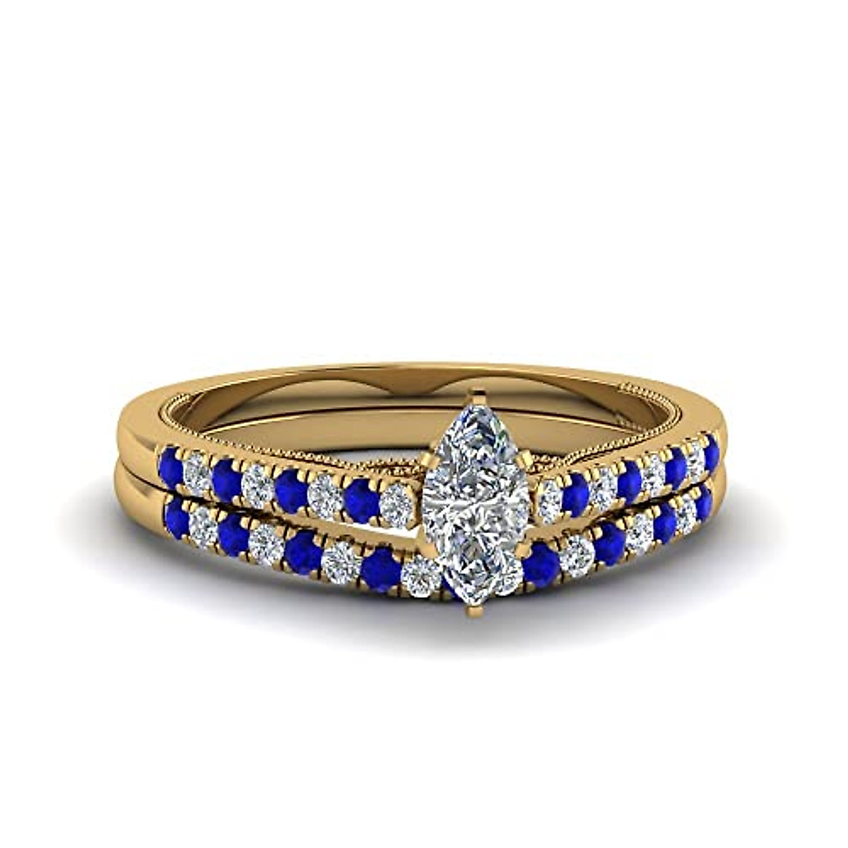 View In Different Gemstone's yellow gold plated Created Blue Sapphire Marquise shape Blue color Wedding Ring Sets prong Setting in Size 13.5 Handcraft Chakra Healing GPR-D182-MARQUISE-CBS-13.5
