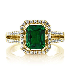 Gem Stone King 18K Yellow Gold Plated Silver Green Simulated Emerald Ring For Women | 2.78 Cttw | Emerald Cut 9X7MM | Available in size 5, 6, 7, 8, 9