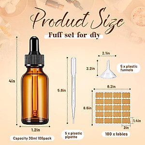 Lallisa 100 Pack Essential Oil Dropper Bottle 30 ml (1 oz) Glass Dropper Bottles with Eye Dropper Dispenser Dropping Bottle with 5 Funnels 5 Pipettes 3ml 100 Labels for Essential Oil Perfume (Amber)