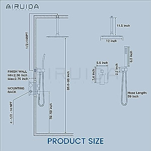 Airuida Matte Black 12 Inch Rainfall Shower System, Ceiling Mount Shower Faucet, Bathroom Shower Fixture with SUS304 Ultra-thin Rainfall Shower Head, Brass Handheld Shower Mixer with Rough-in Valve
